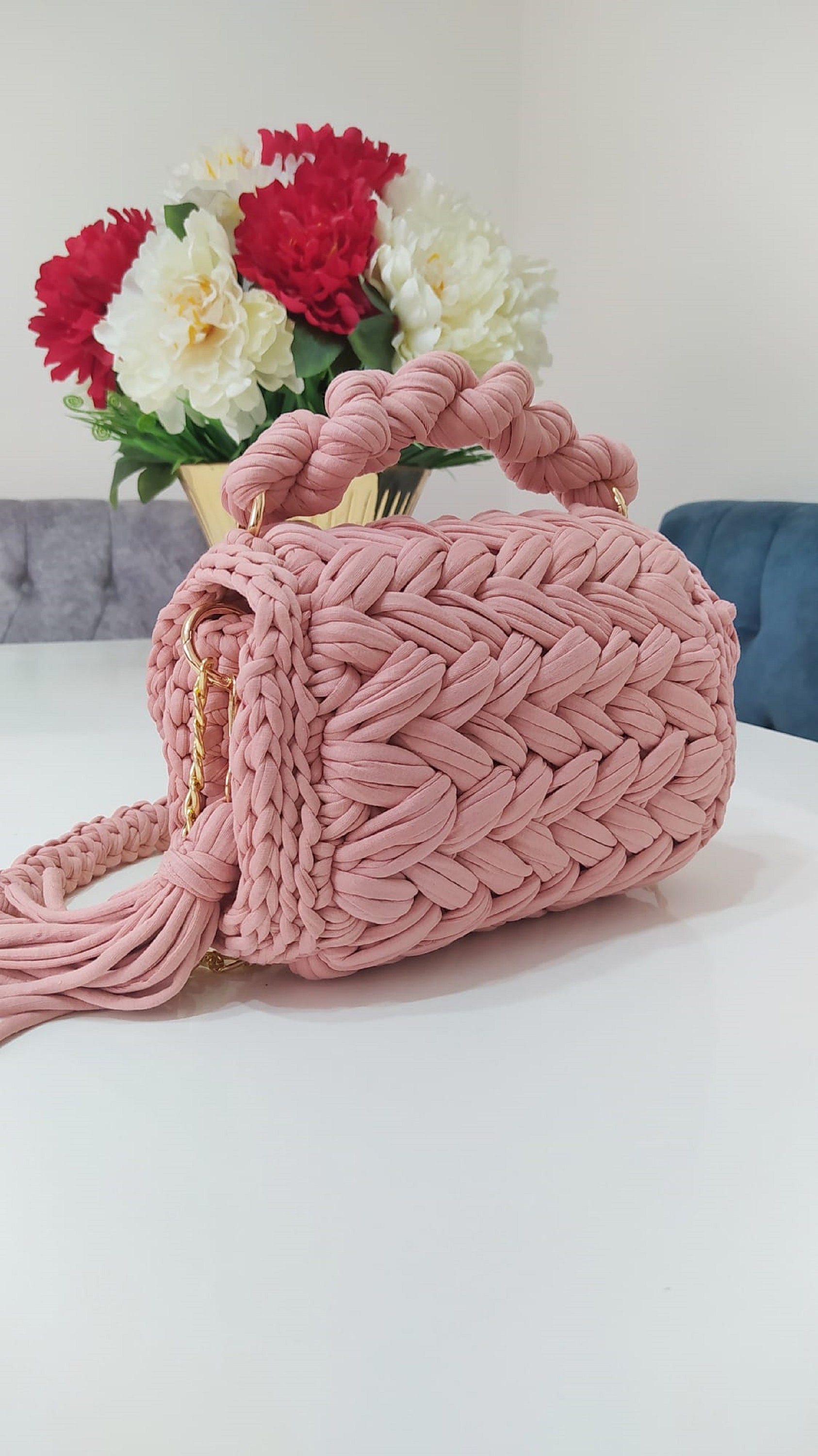 Handmade Powder Pink Bag,crochet Powder Pink Shoulder Bag,knitted ...