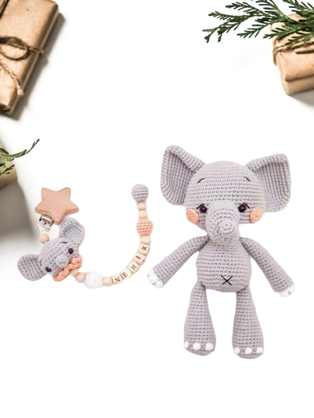 Personalized Crochet Elephant Dummy Clip and Doll, Baby Gift - Etsy