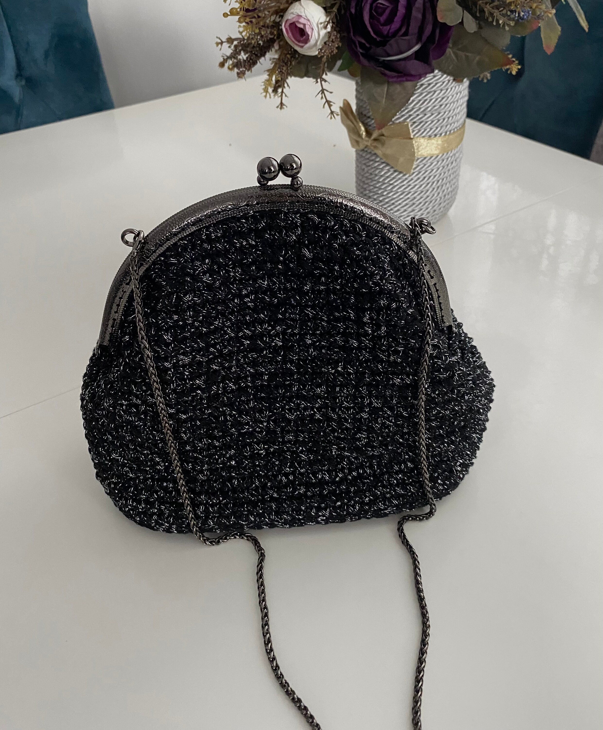 Kiss Lock Frame Pouches,handbags Vintage,kiss Lock Purse Black Silver ...