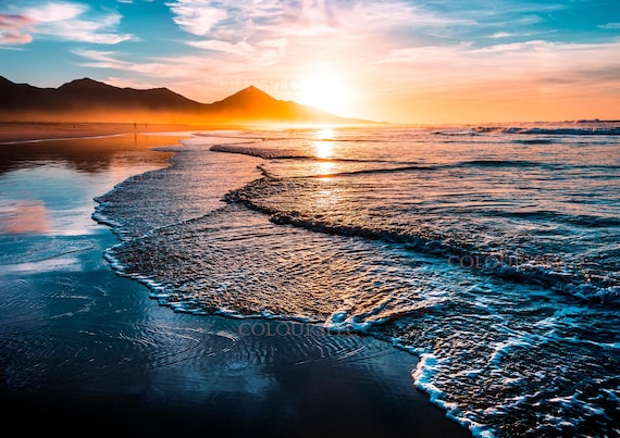 Jpg Sunset Beach Distant Mountains Orange Blue Scene HD Art - Etsy