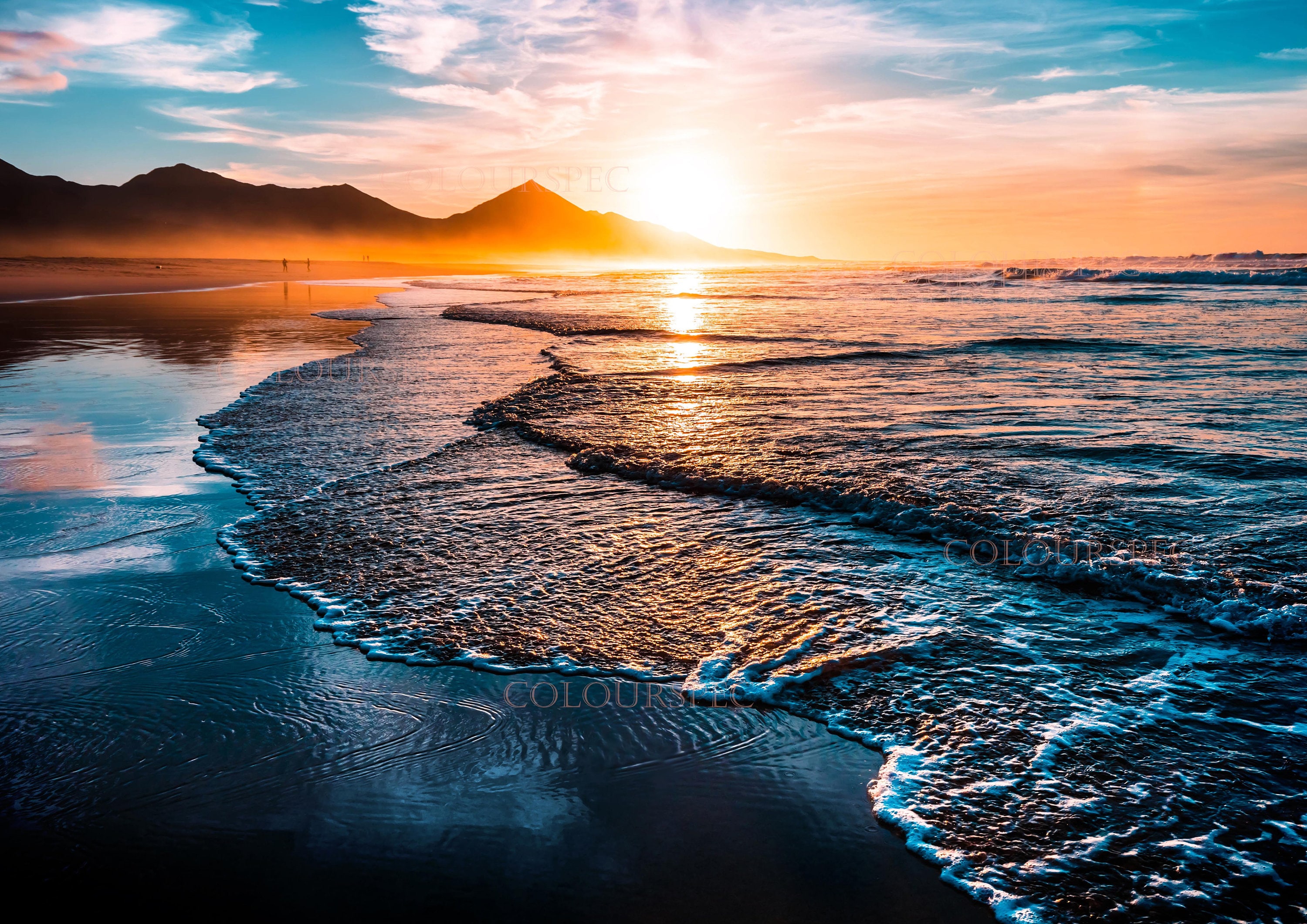 Buy Jpg Sunset Beach Distant Mountains Orange Blue Scene HD Art Deco ...