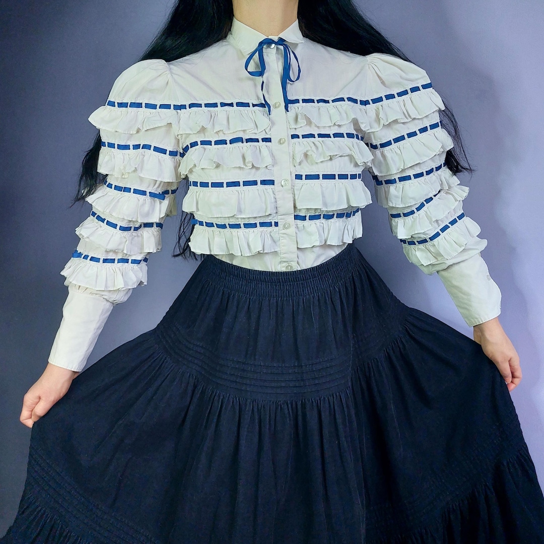 Vintage White Formal Blouse With Puffed Sleeves, Ruffles and Ribbon ...