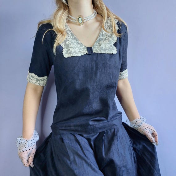 LAURA ASHLEY Vintage preppy 80s dark blue jacquard dr… - Gem