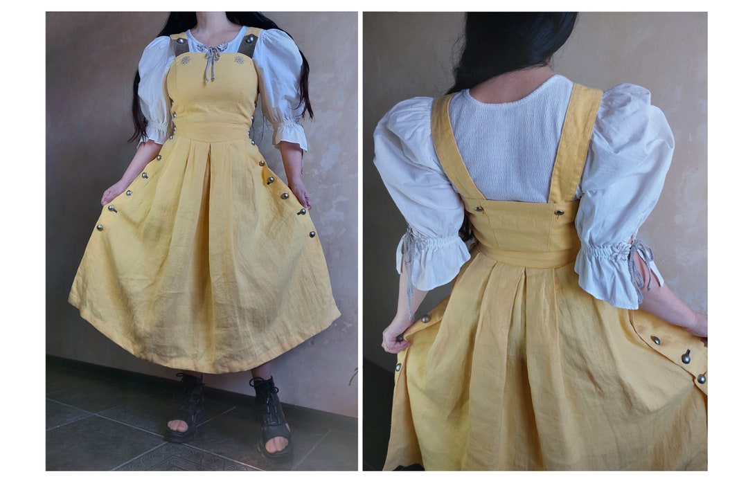 Vintage Austrian Bavarian Dirndl Folk Set: Linen Yellow Embroidered ...