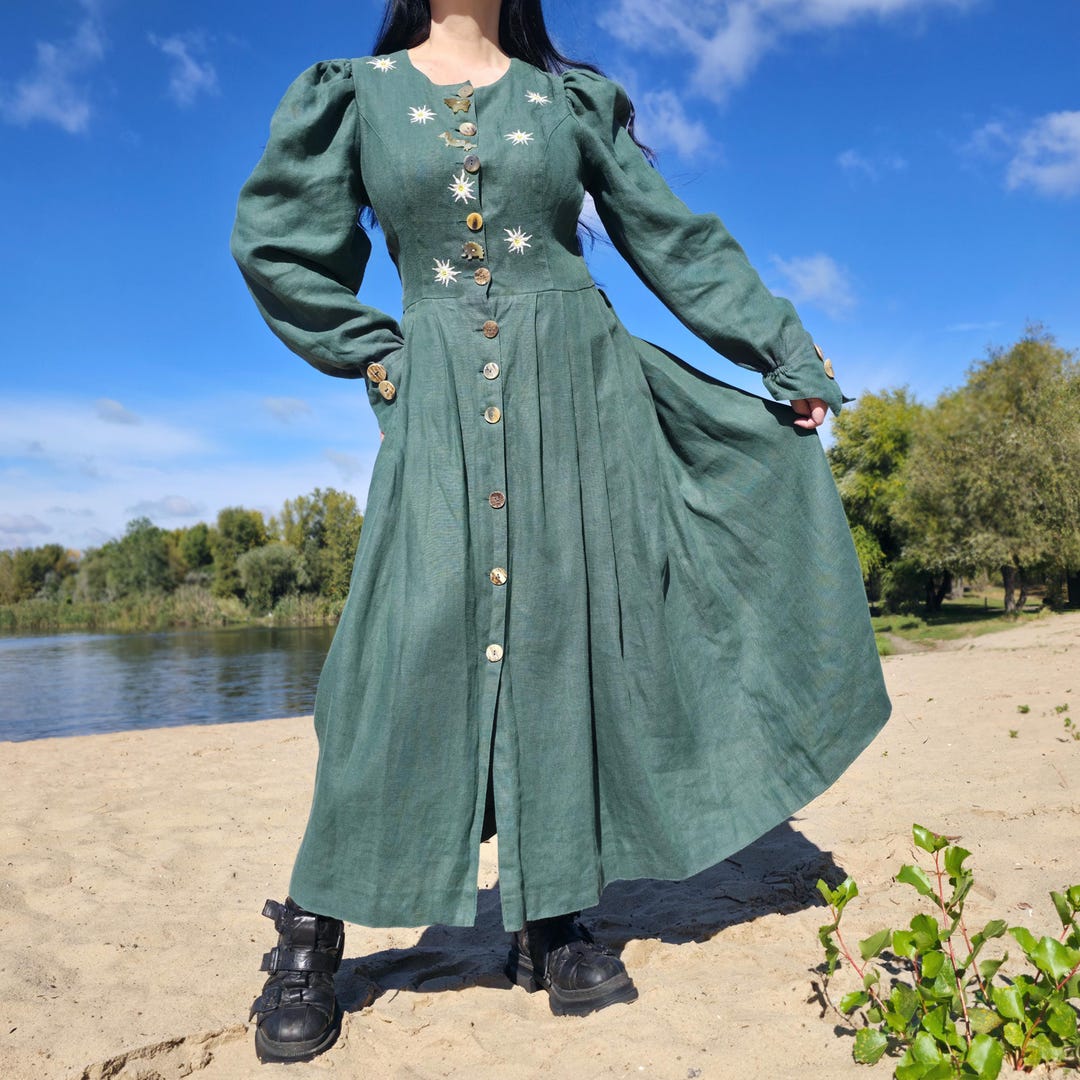 Vintage Linen Austrian Maxi Dress With Folk Embroidery / DE 42 - Etsy