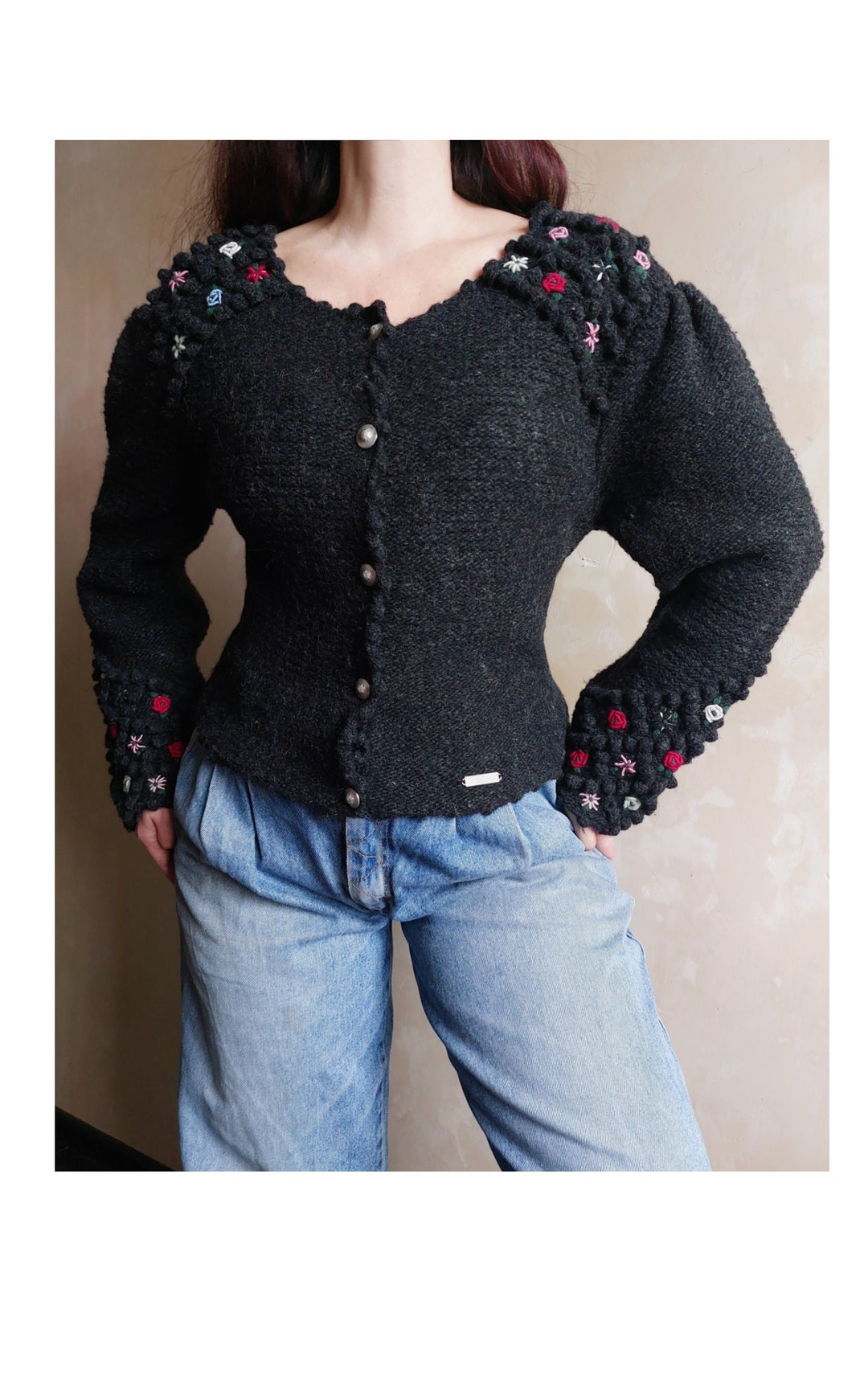 Austrian Vintage Unique Folk Black Knitted Soft Sheep Wool Cardigan ...