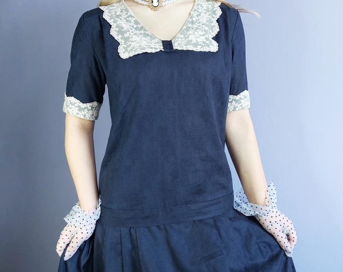 LAURA ASHLEY Vintage Preppy 80s Dark Blue Jacquard Dress With White ...