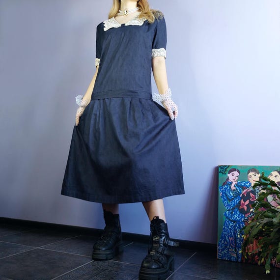 LAURA ASHLEY Vintage preppy 80s dark blue jacquard dr… - Gem