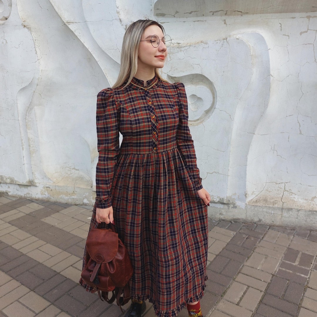 LAURA ASHLEY Vintage 70s - 80s Rare Preppy Wool + Cotton Plaid Ruffled ...