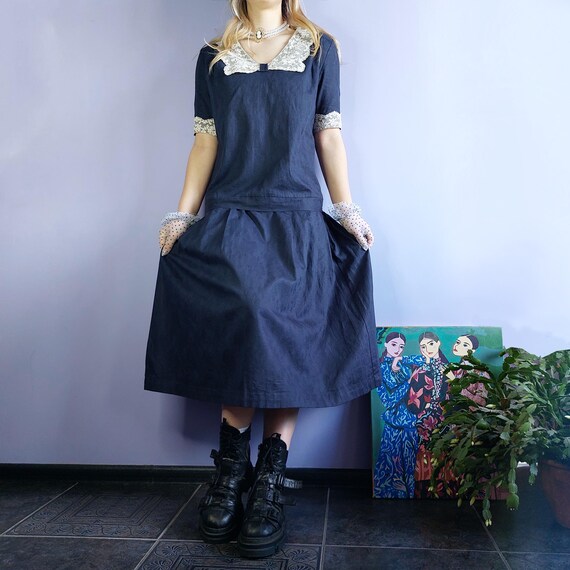 LAURA ASHLEY Vintage preppy 80s dark blue jacquard dr… - Gem