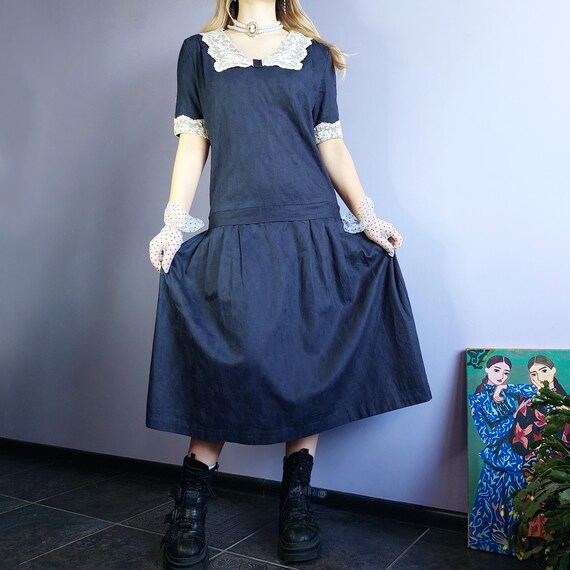 LAURA ASHLEY Vintage preppy 80s dark blue jacquard dr… - Gem