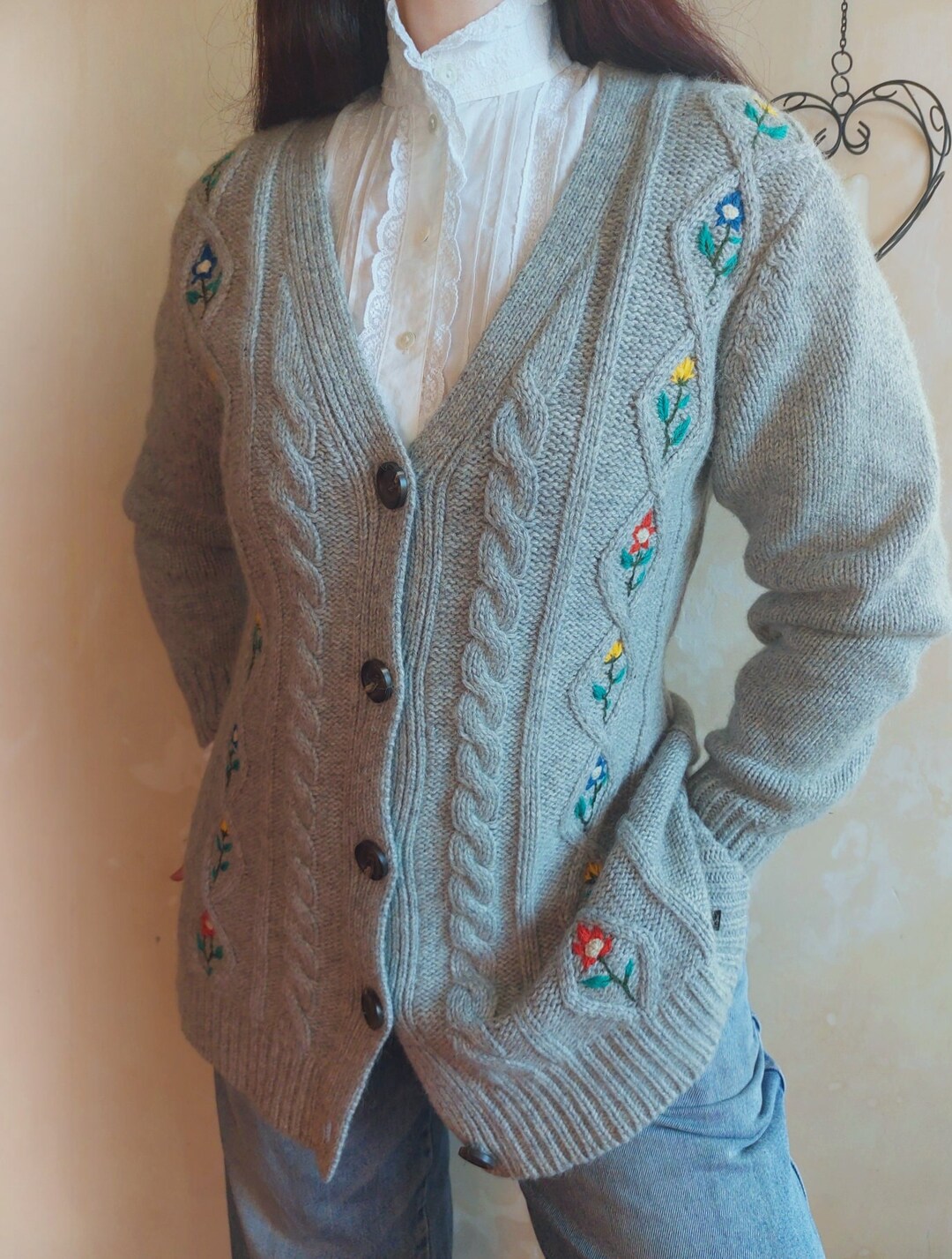 Vintage Cute Gray Knitted Soft Sheep Wool + Alpaca Long Cardigan With ...