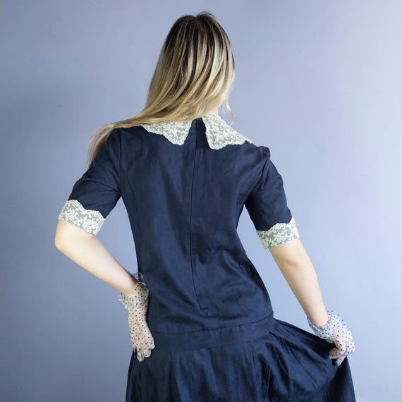 LAURA ASHLEY Vintage preppy 80s dark blue jacquard dr… - Gem