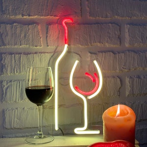 Wine Bottle and Glass Neon Sign, Led Wall Neon Decor Custom Bedroom ...