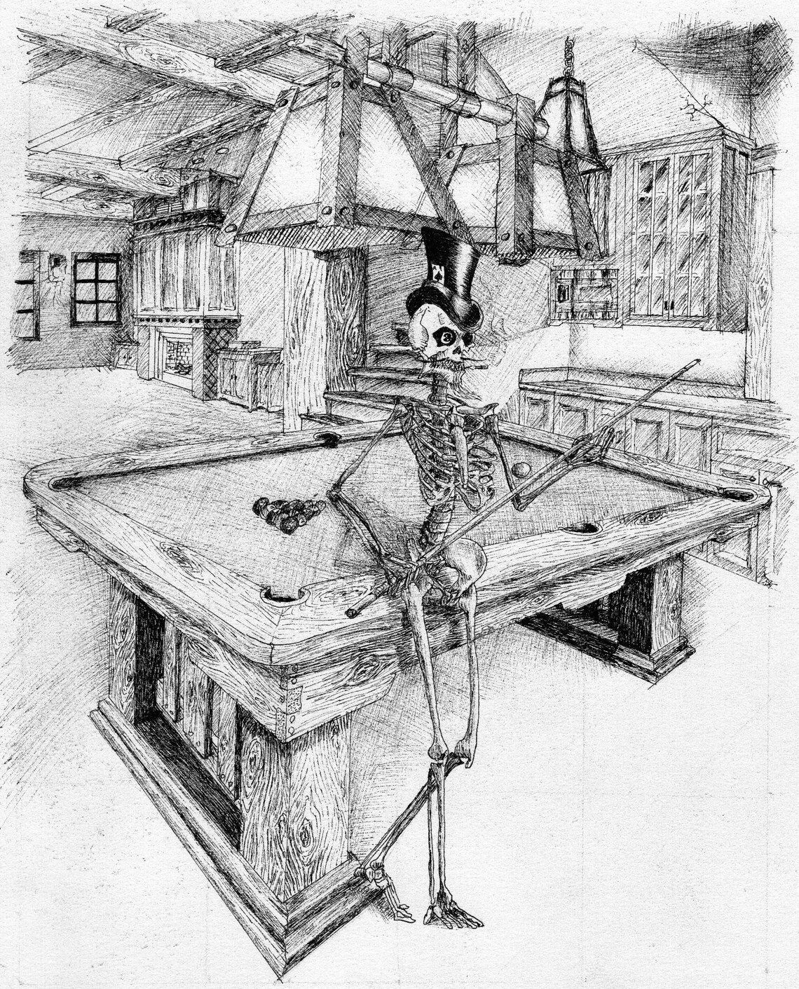 Skeleton Playing Pool, Skull Drawing. Downloadable Png for Black and ...