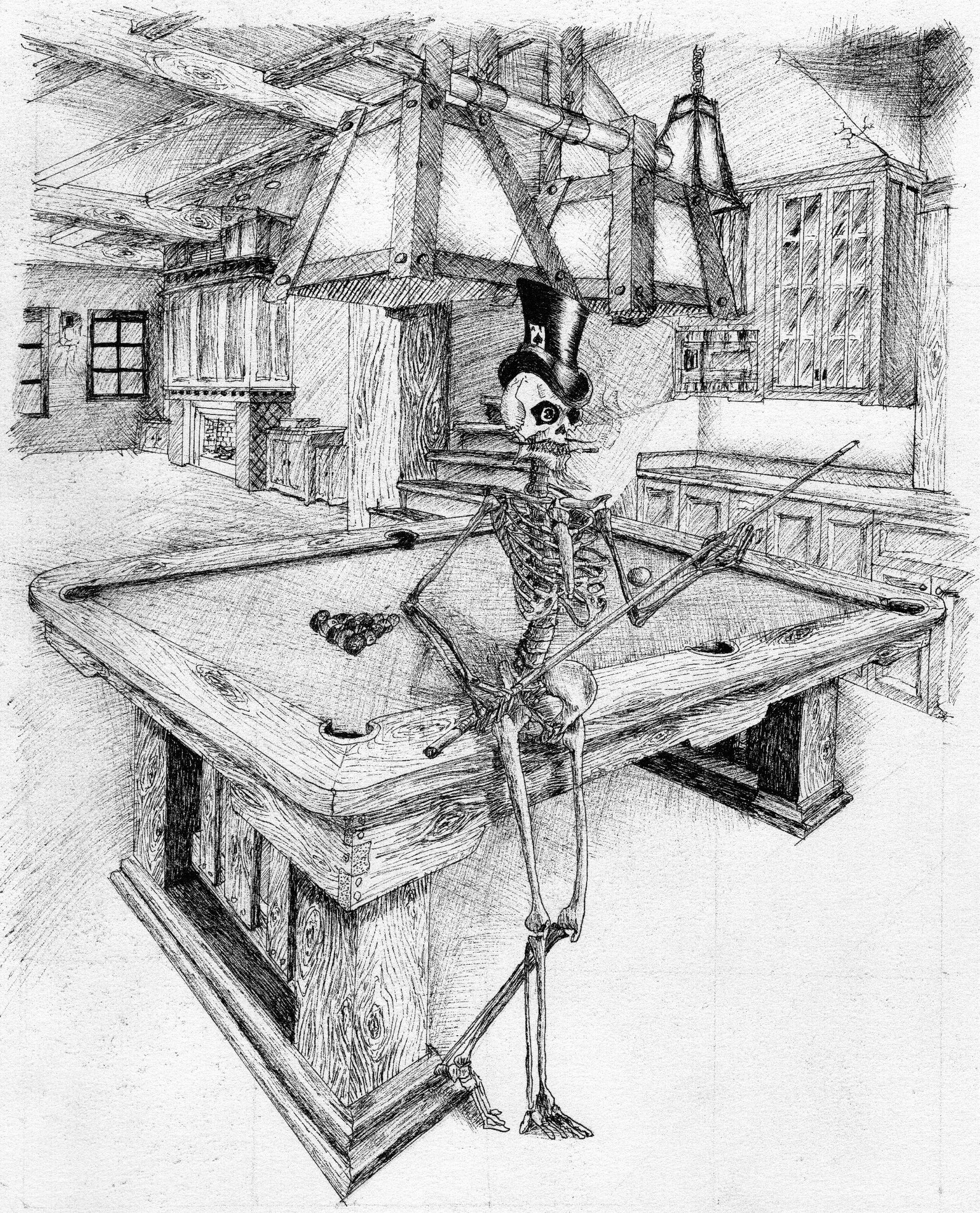 Skeleton Playing Pool, Skull Drawing. Downloadable Png for Black and ...