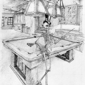 Skeleton Playing Pool, Skull Drawing. Downloadable Png for Black and ...