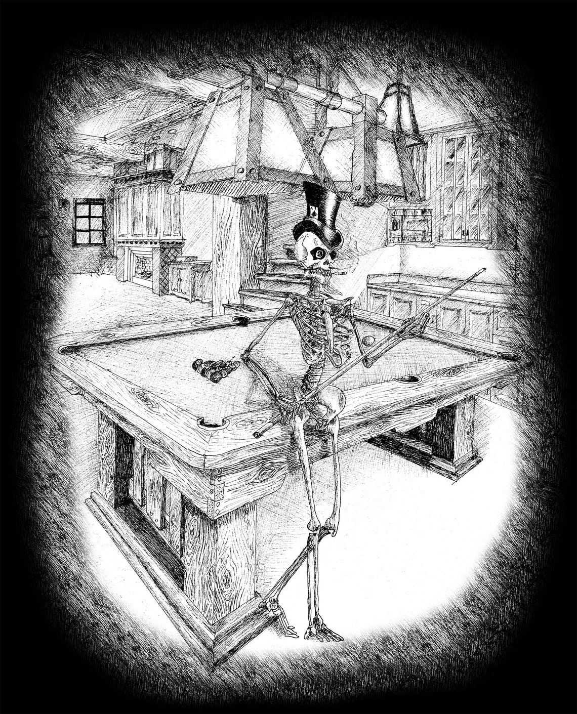 Skeleton Playing Pool, Skull Drawing. Downloadable Png for Black and ...