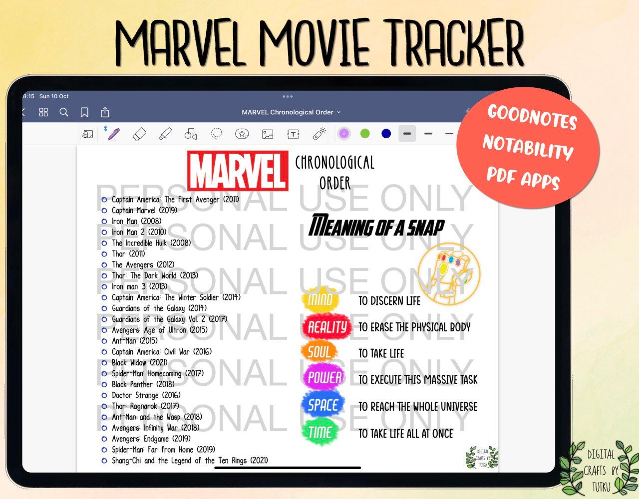 Digital MARVEL Movie Tracker Entertainment Log Journal Watch List Check ...