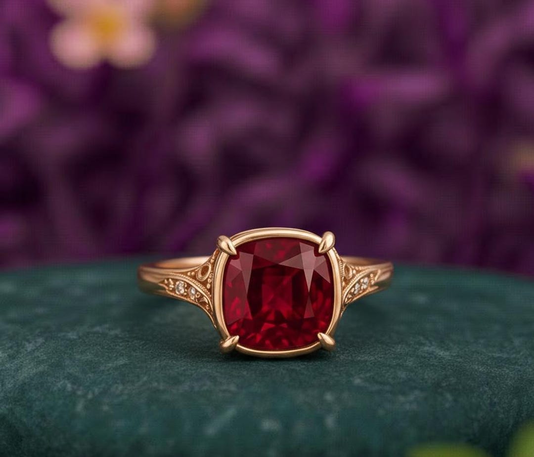 Vintage Cushion Cut Ruby Ring, 14k Gold Art Deco Inspired Ruby Ring ...