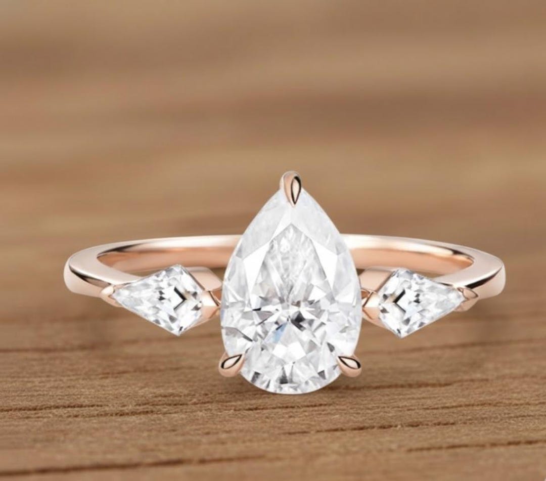 Pear Cut Moissanite Engagement Proposal Ring, Vintage Side Accent Kite ...