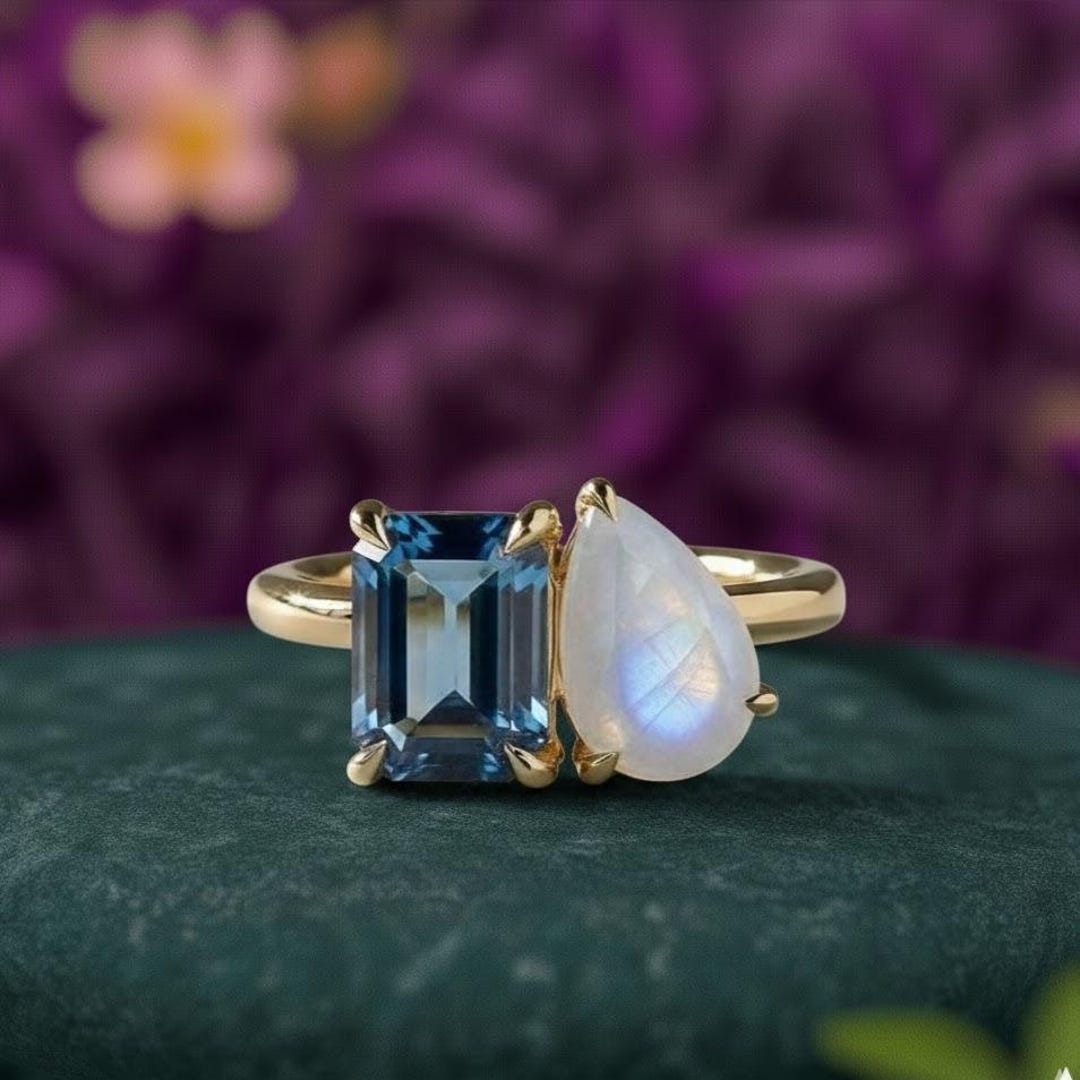 Toi Et Moi Emerald Cut London Blue Topaz & Pear Cut Moonstone Wedding ...