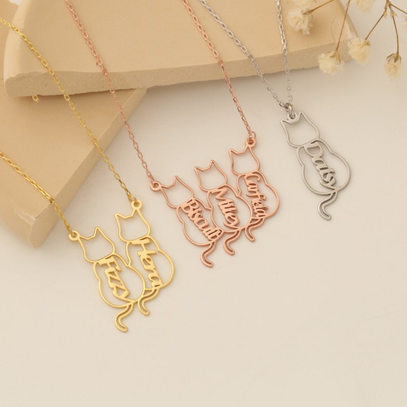 14k Gold Personalized Named Cat Necklace - Customized Cat Necklace ...