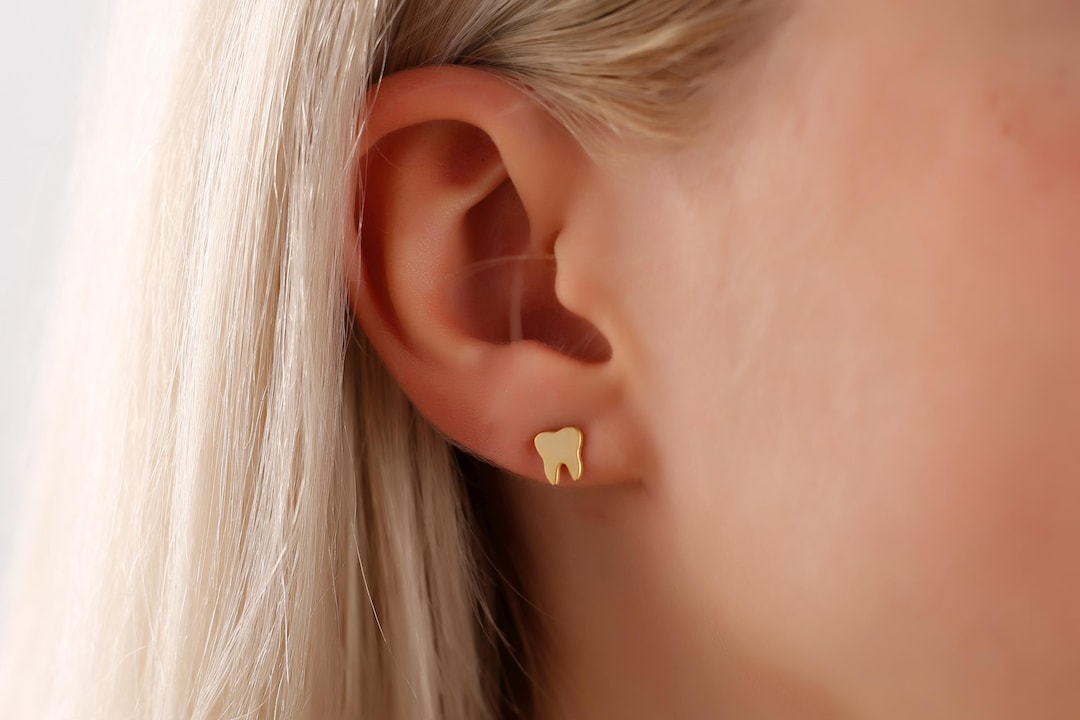 14k Gold Dental Tooth Symbol Dentist Stud , 14K Gold & 925 Sterling ...