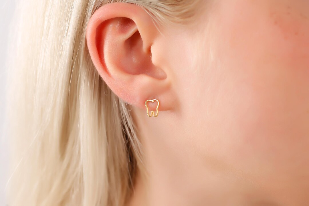 14k Gold Dental Tooth Symbol Dentist Stud , 14K Gold & 925 Sterling ...