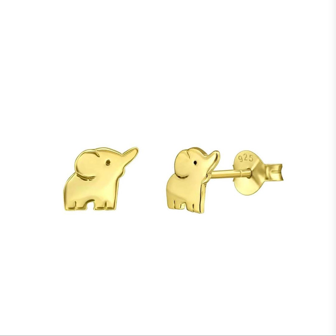 14k Solid Gold Cute Elephant Earrings , Gold Elephant Earring , Tiny ...