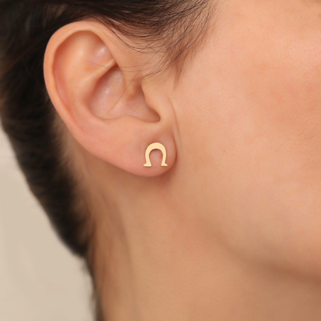 14k Gold Horseshoe Stud Earrings , Horseshoe Stud Earrings , Sterling Silver Horseshoe Earrings ...