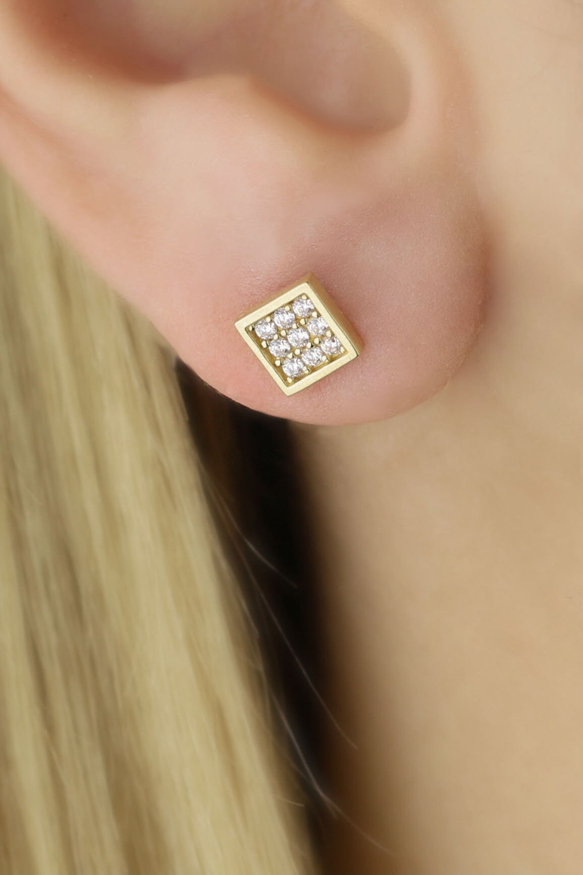 14K Solid Gold Square Earring 585k Zircon Earring Dainty | Etsy