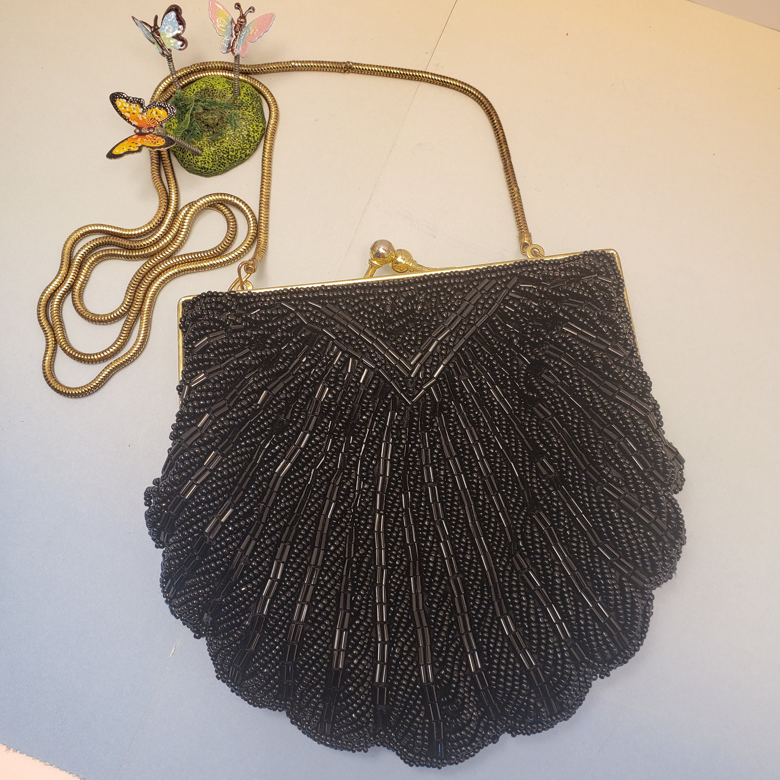 Black Beaded Clam Shell Purse | Vintage Evening Bag | Convertible ...
