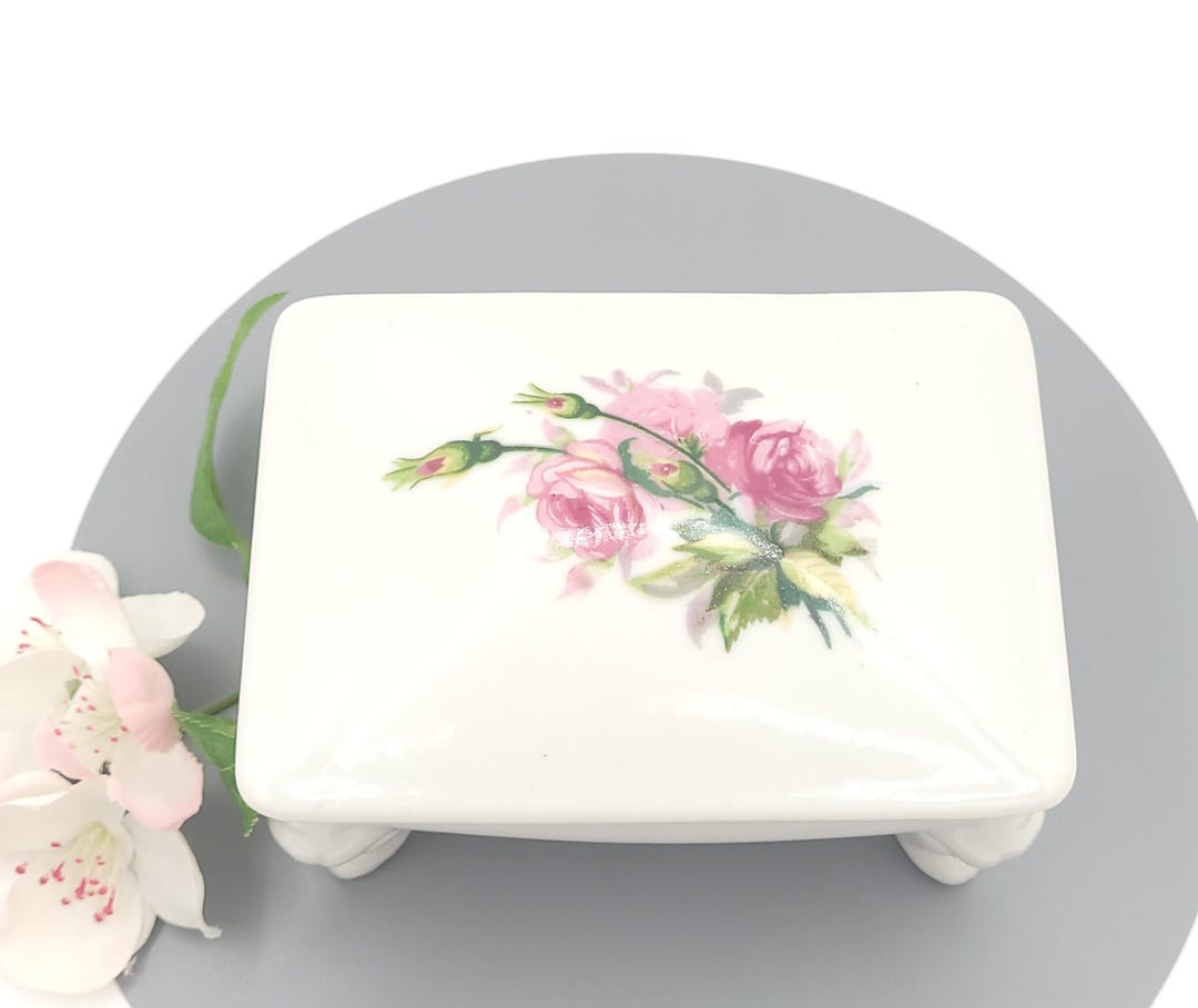 Vintage White Trinket Box With Pink Roses - Made in Japan - Etsy