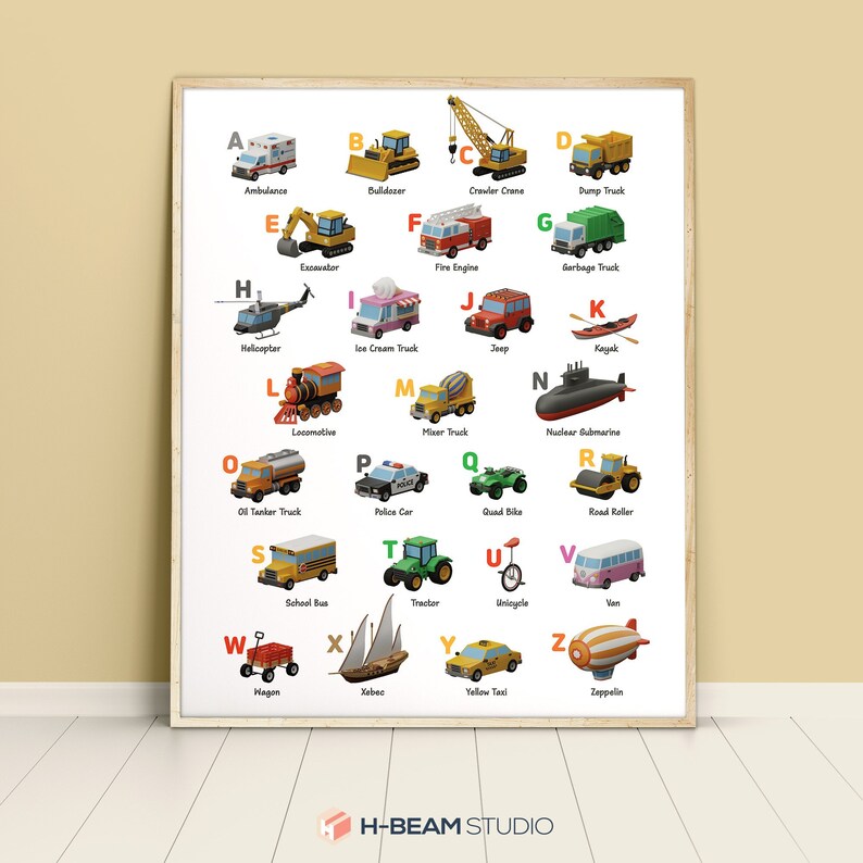 Transportation Alphabet Wall Art, Vehicle ABC Print, Car Letters Art ...