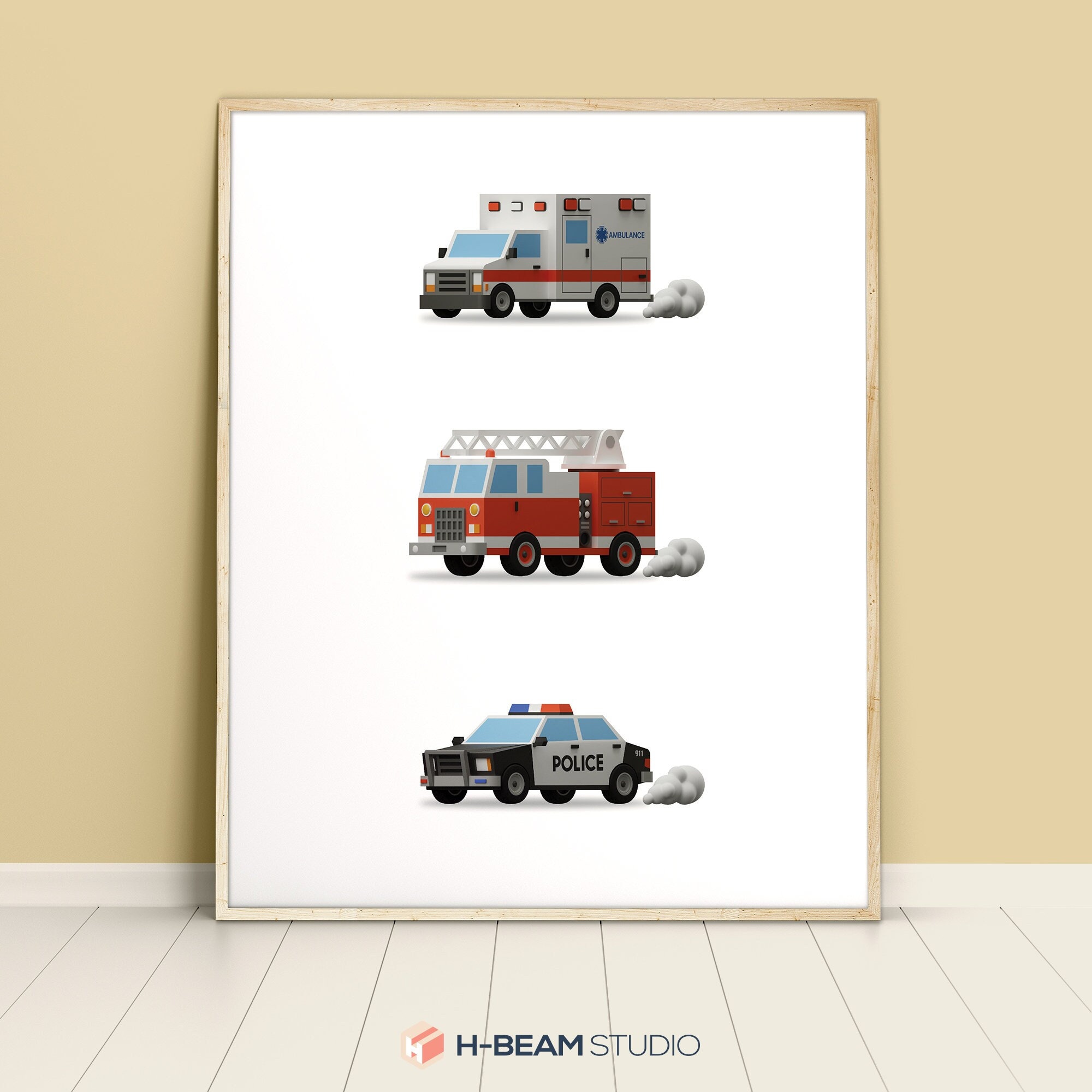 3 Rescue Vehicles Prints, Ambulance, Fire Engine, Police Car, Boy Room ...