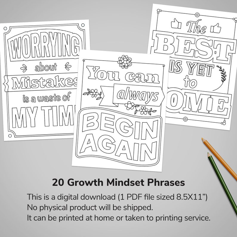 20 Growth Mindset Coloring Book, Motivational Quotes Coloring Pages ...