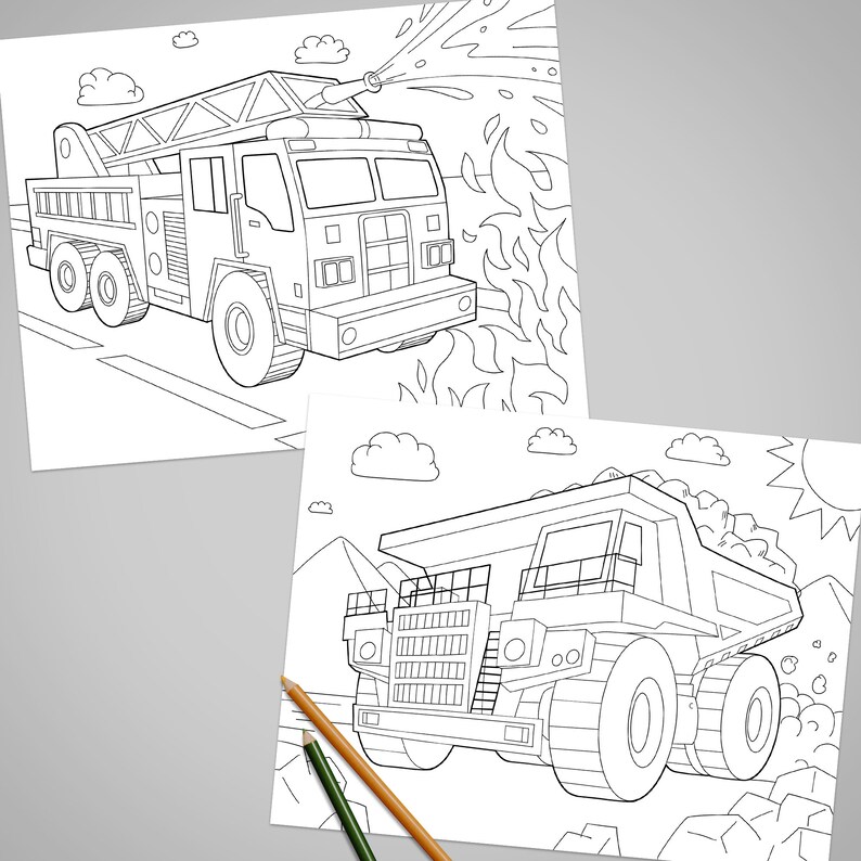 15 Trucks Coloring Book, Cars, Vehicles and Engines Printable Art for ...