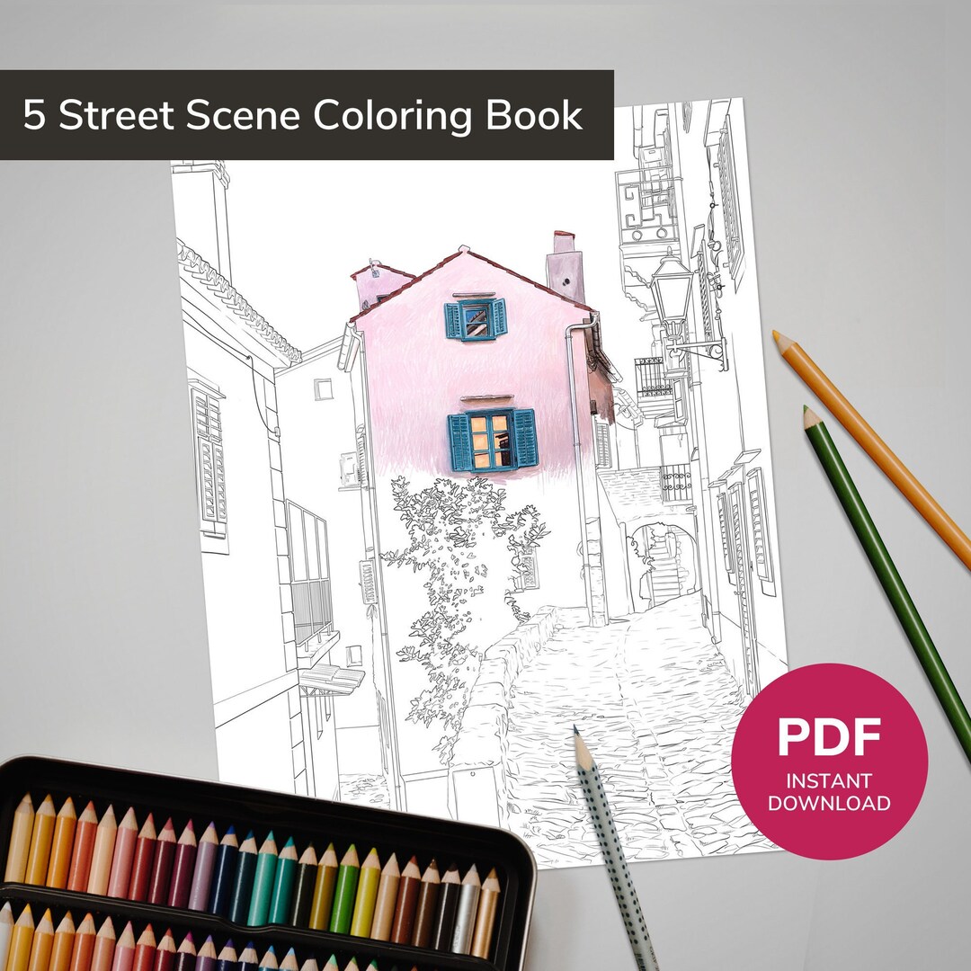 Realistic Street Scene Coloring Book, City Illustrations (PDF Pattern ...