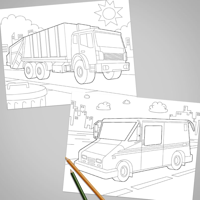 15 Trucks Coloring Book, Cars, Vehicles and Engines Printable Art for ...