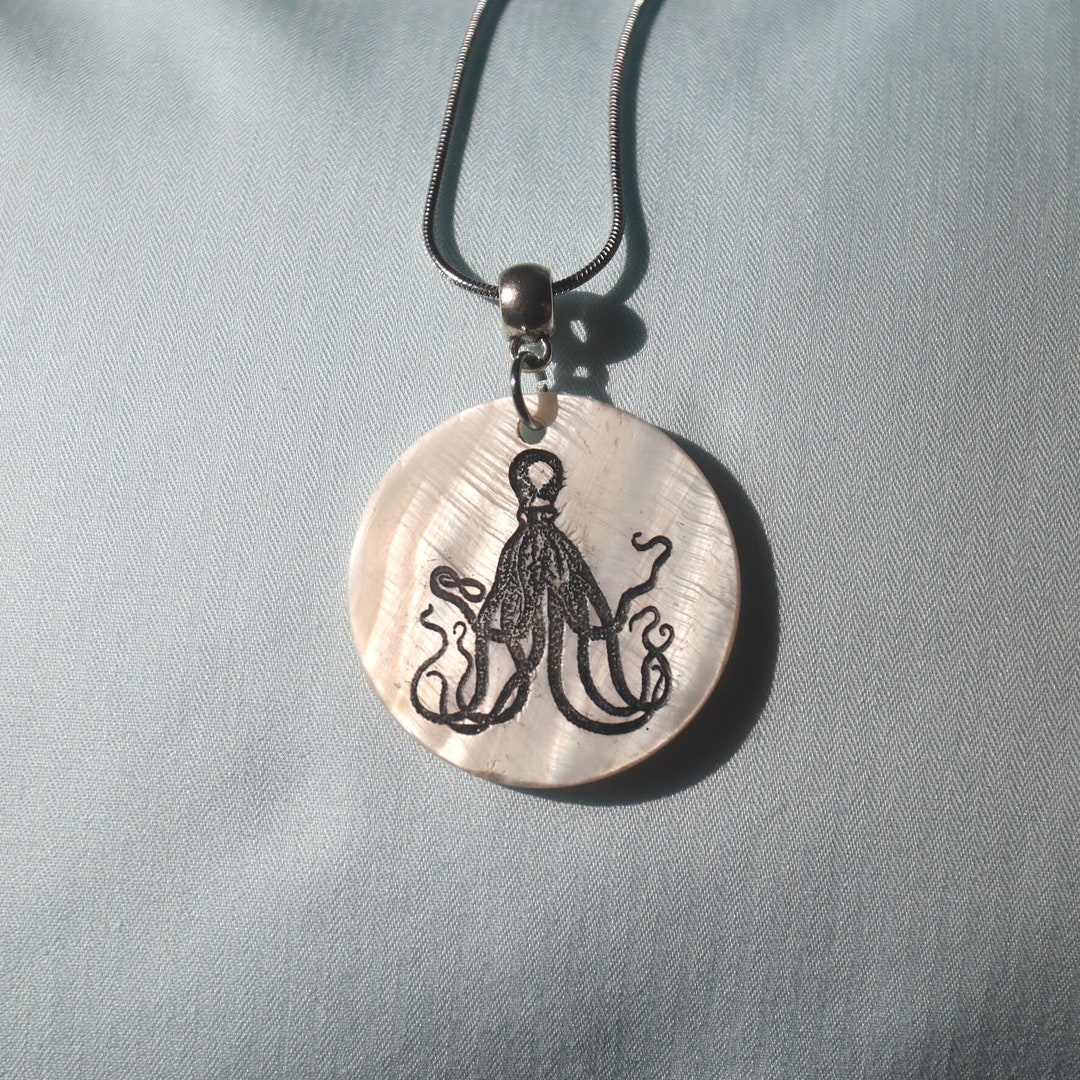 Scrimshaw Octopus Pendant Necklace on Mother of Pearl Sea Shell - Etsy