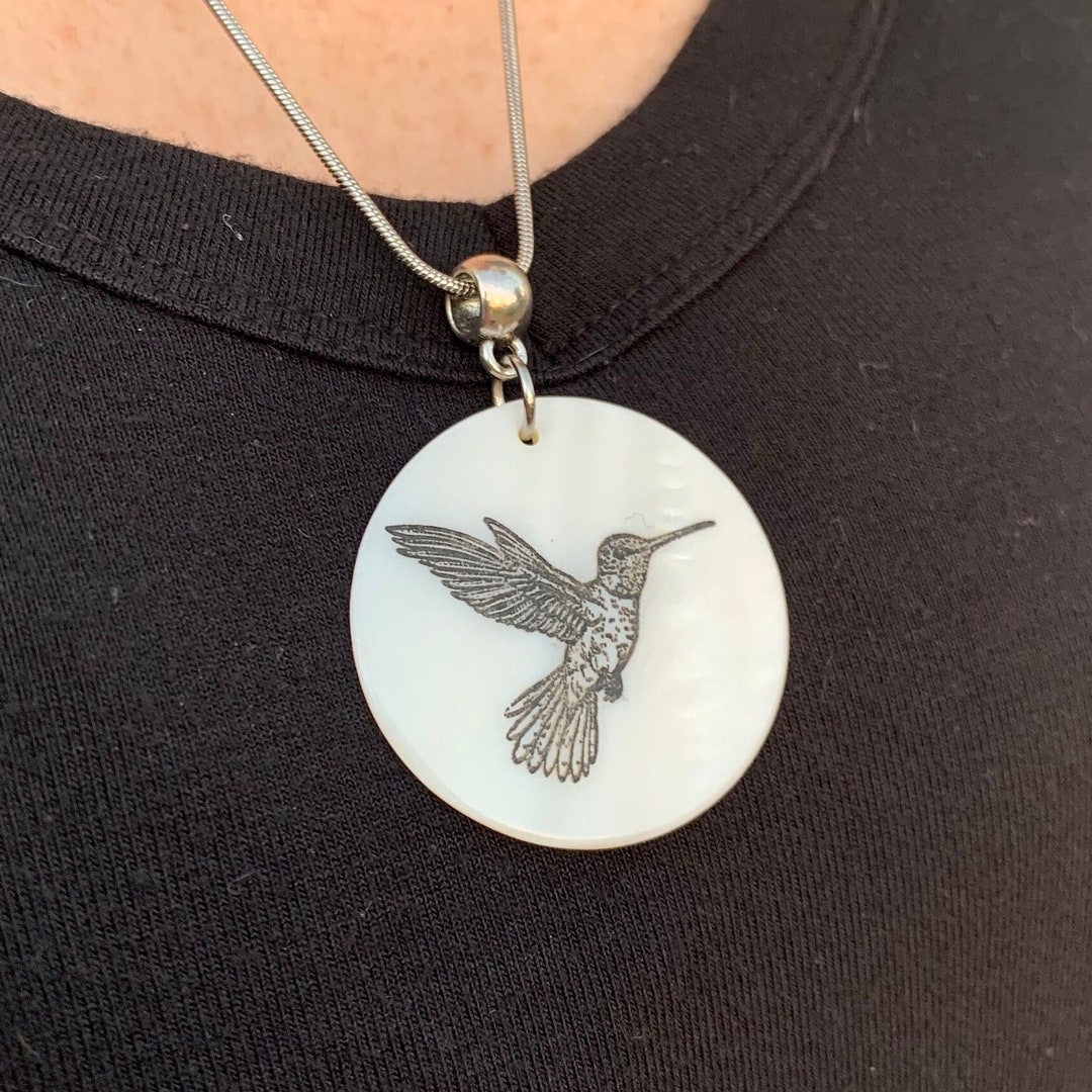 Mother of Pearl Hummingbird Pendant Necklace Laser Scrimshaw Etched on ...