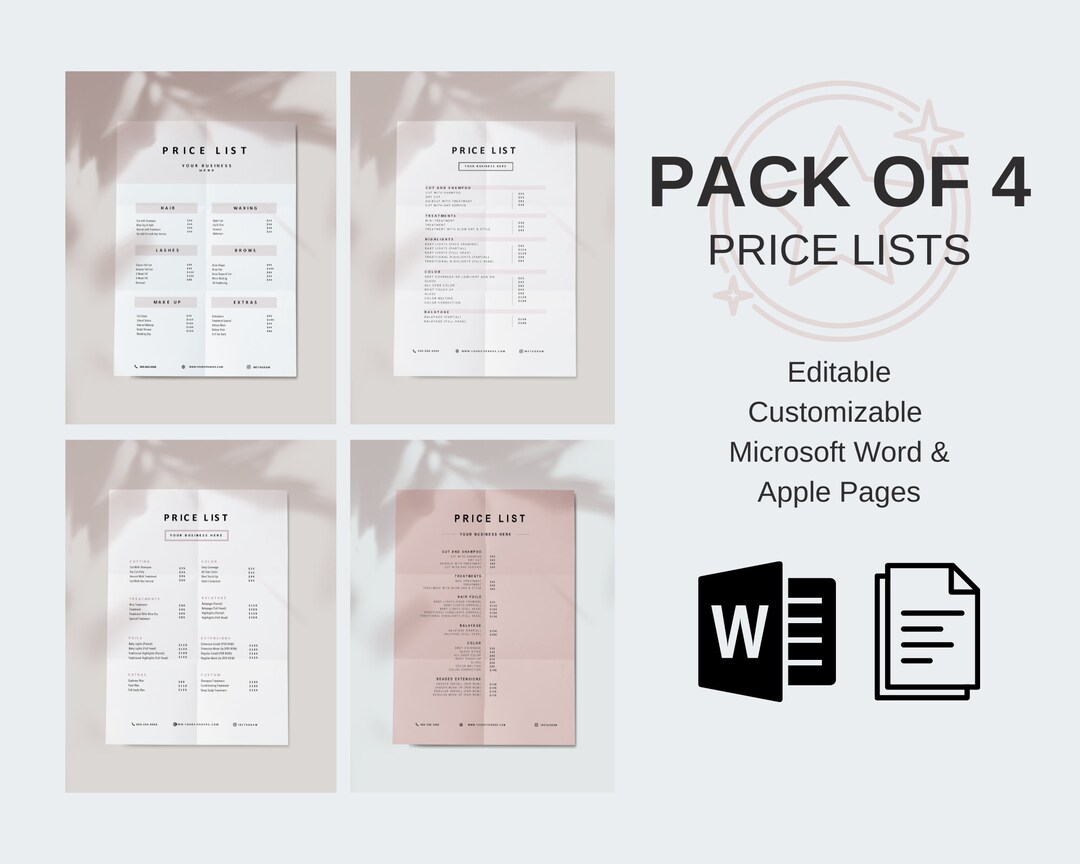 Pricing Lists Bundle Price List Templates Pack of 4 Price - Etsy