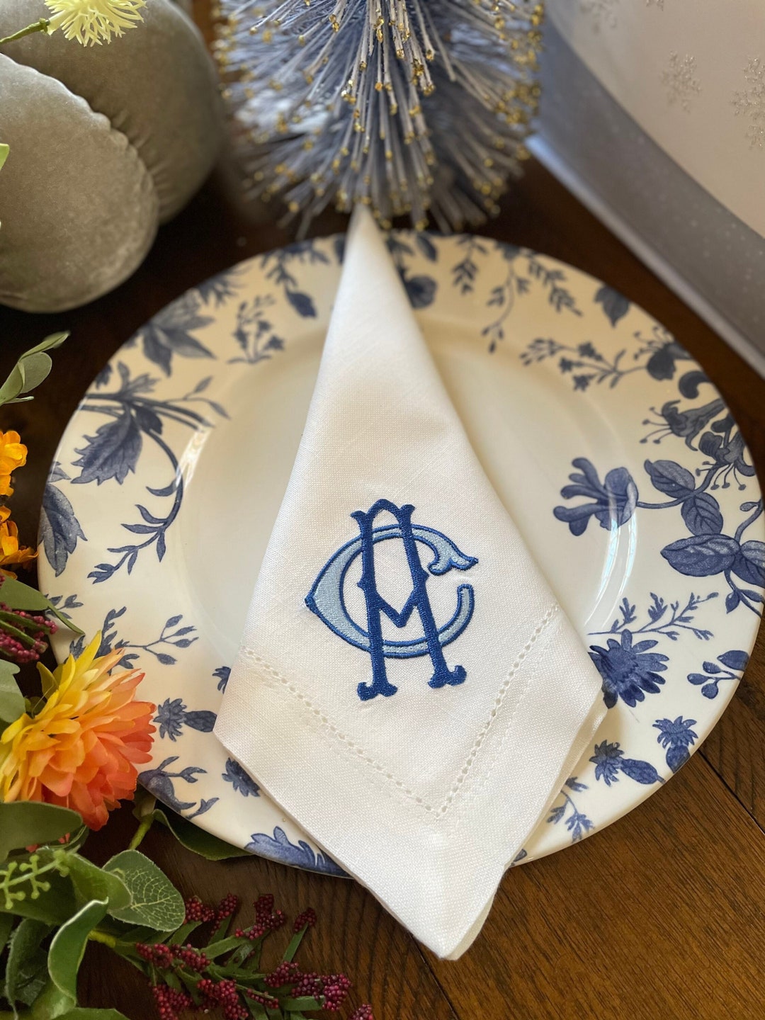 Embroidered Interlocking Monogram Napkin, Linen Cloth Napkin, Two Letter Monogram, Wedding ...