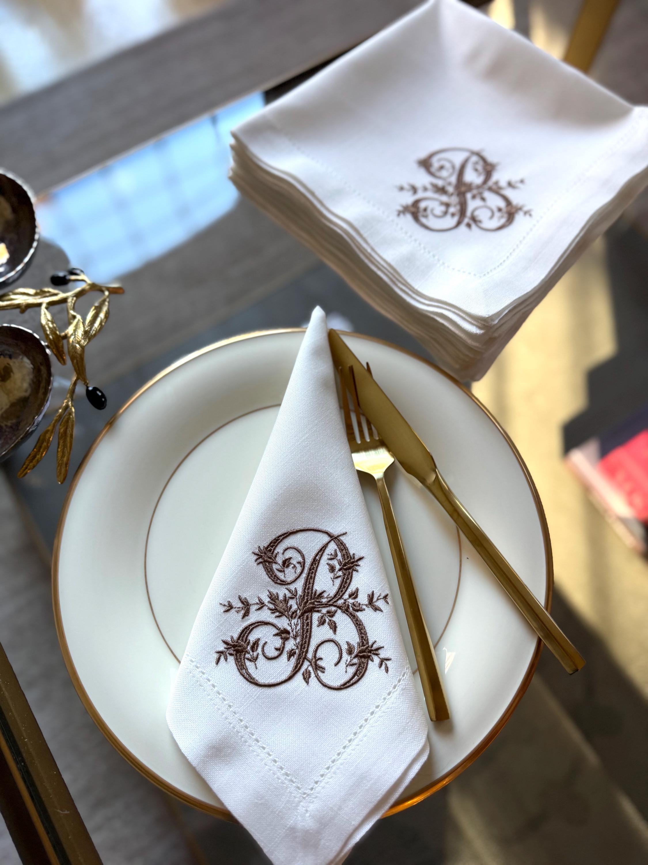 Custom Embroidered Victorian Monogram Linen Napkins | Wedding Dinner - Etsy