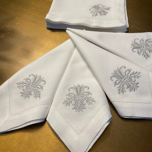 Fleur Royal Embroidered Linen Dinner Napkin | Hemstitch Cotton Napkin ...