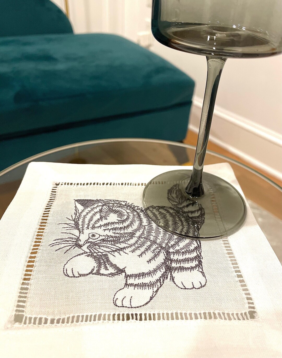 Kitten Embroidered Cocktail Napkin / Cat Embroidered Cocktail Napkin ...