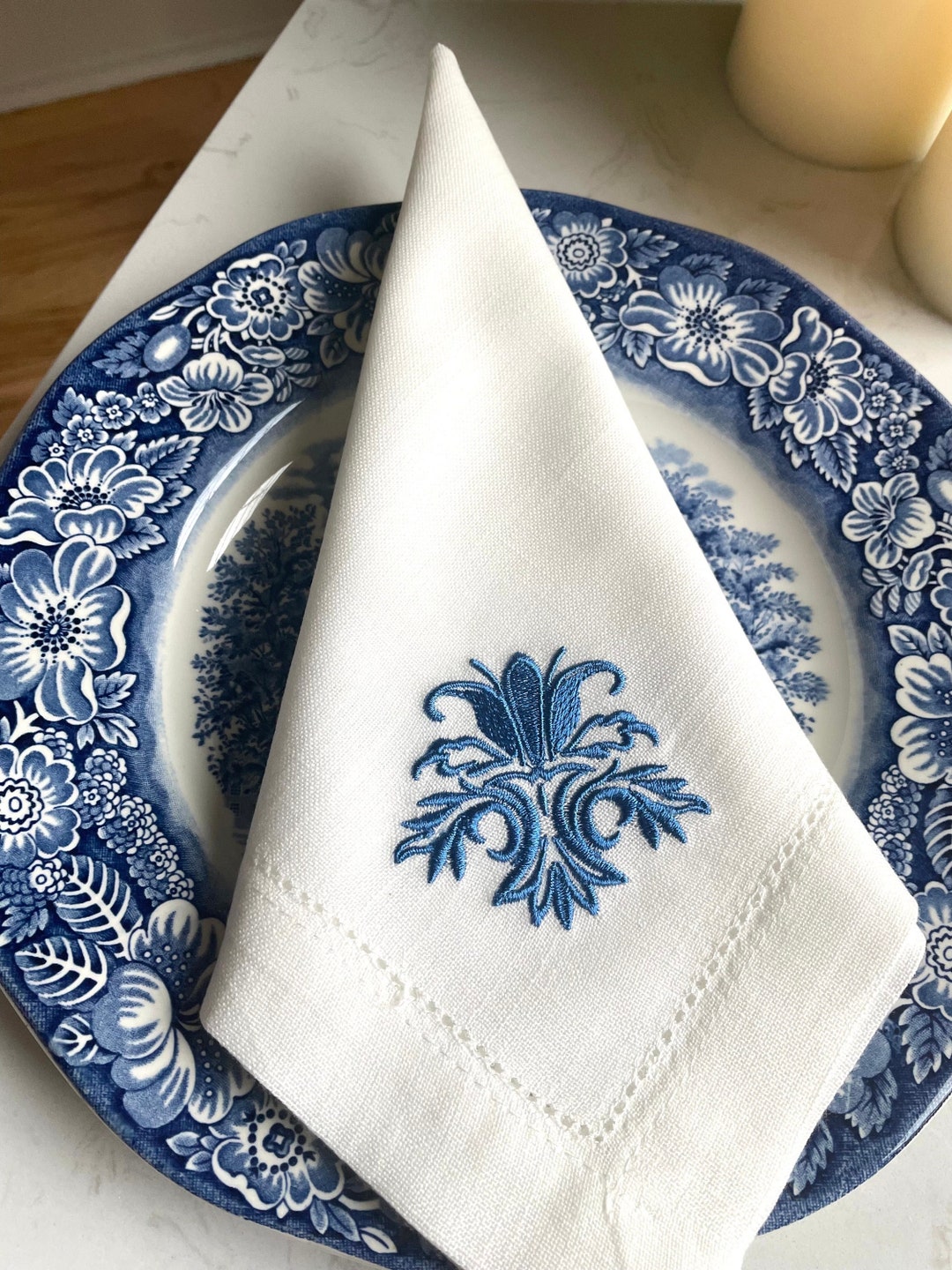 Fleur Royal Embroidered Linen Dinner Napkin | Hemstitch Cotton Napkin ...