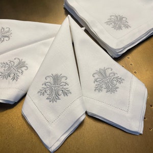 Fleur Royal Embroidered Linen Dinner Napkin | Hemstitch Cotton Napkin ...