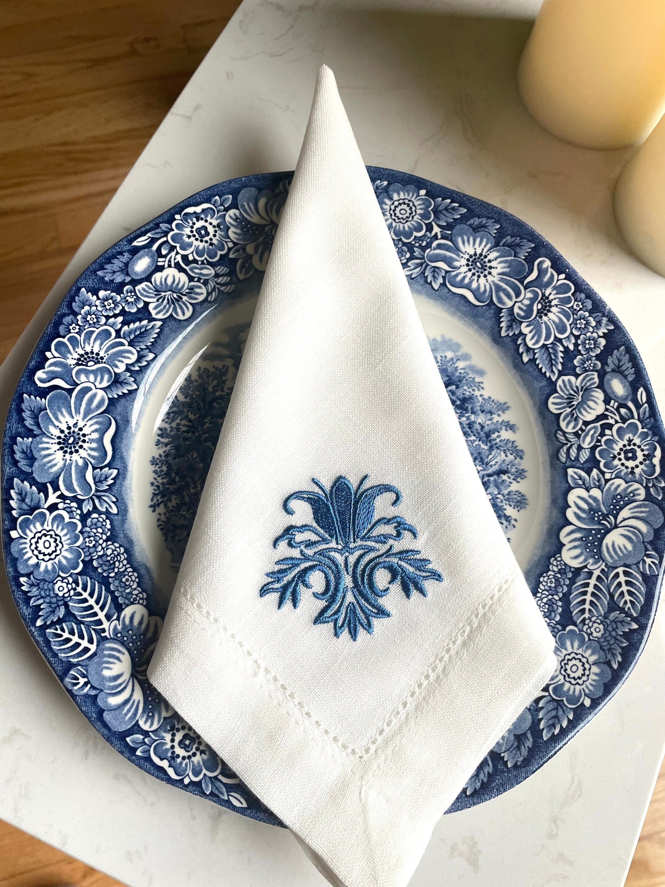 Fleur Royal Embroidered Linen Dinner Napkin Hemstitch Cotton - Etsy